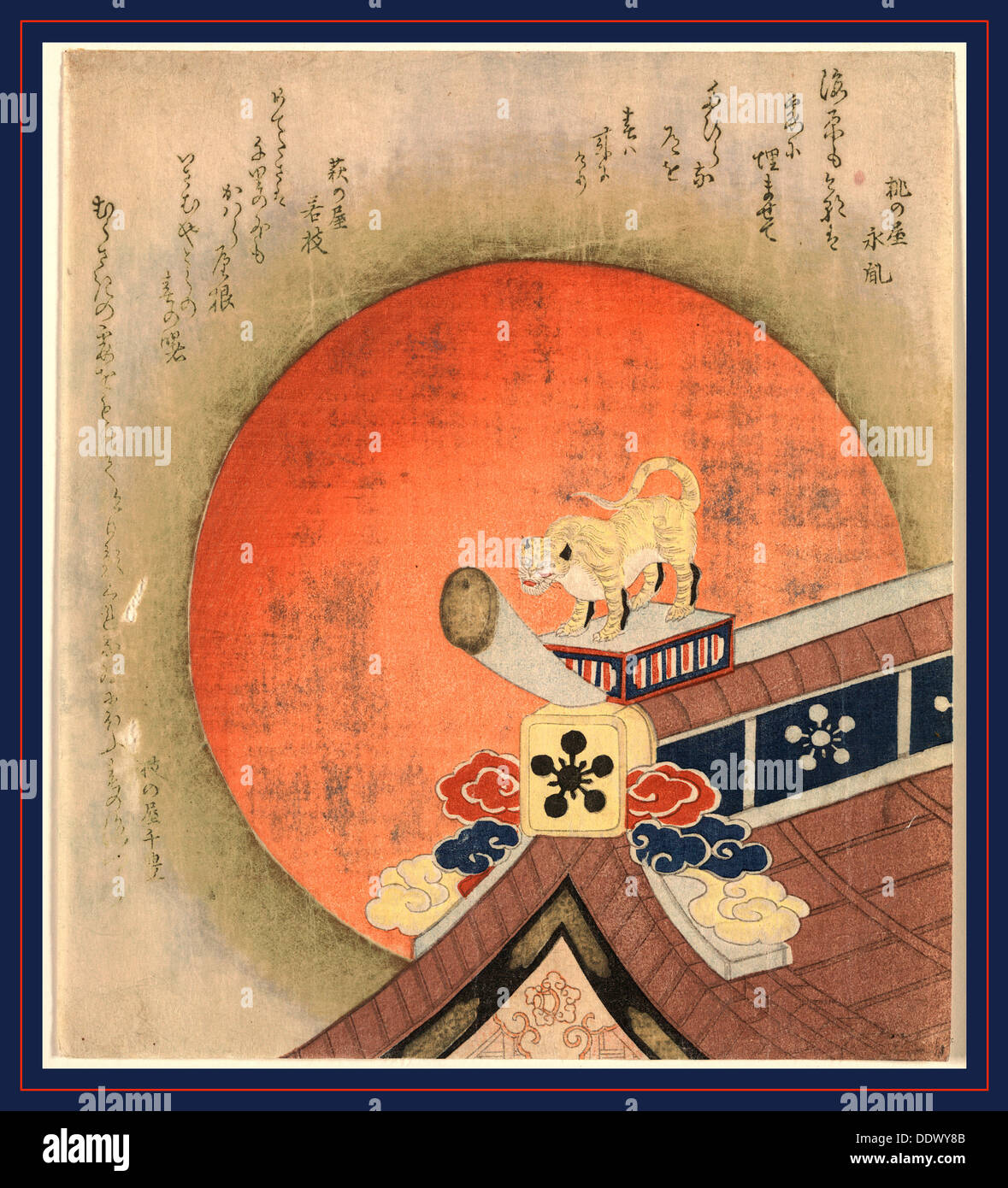 Kawarayane ni tora no okimono, Tiger statue on a tile roof. Print shows ...