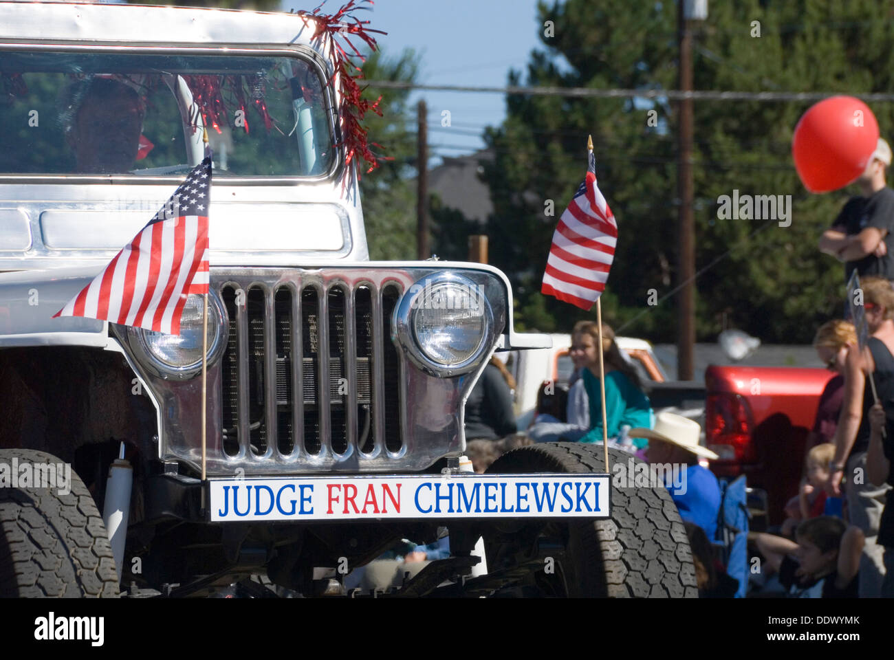 Electioneering Judge Fran Chmelewski's white jeep with stars and ...