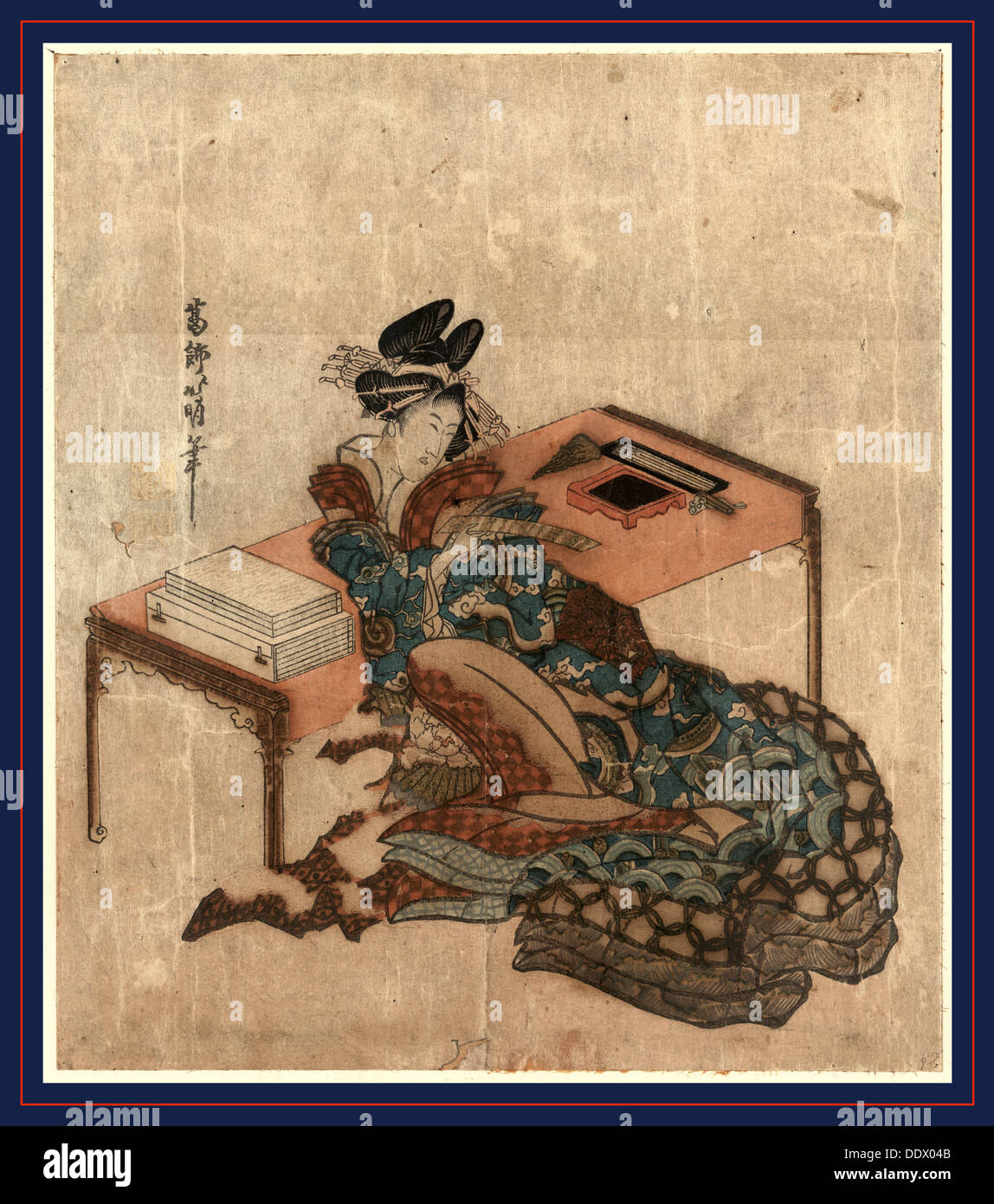 Tanzaku o motsu yujo, Courtesan holding a poem card (Tanzaku). [between ...