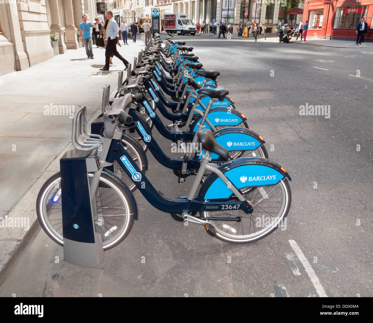 Bicycles in the Barclays Cycle Hire scheme, or Boris Bikes, with blue ...