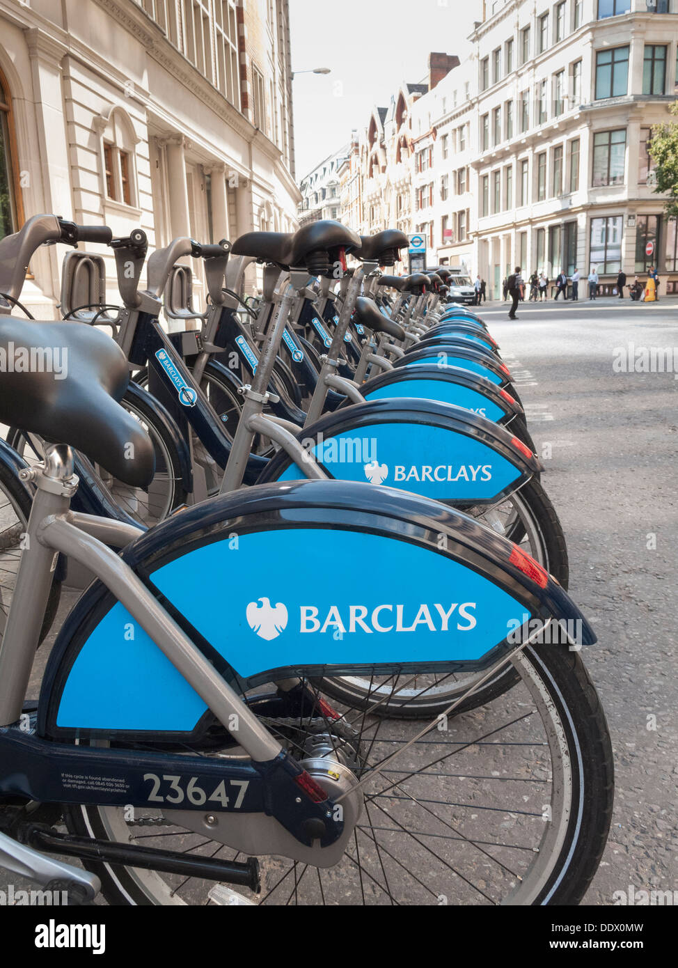 Bicycles in the Barclays Cycle Hire scheme, or Boris Bikes, with blue ...