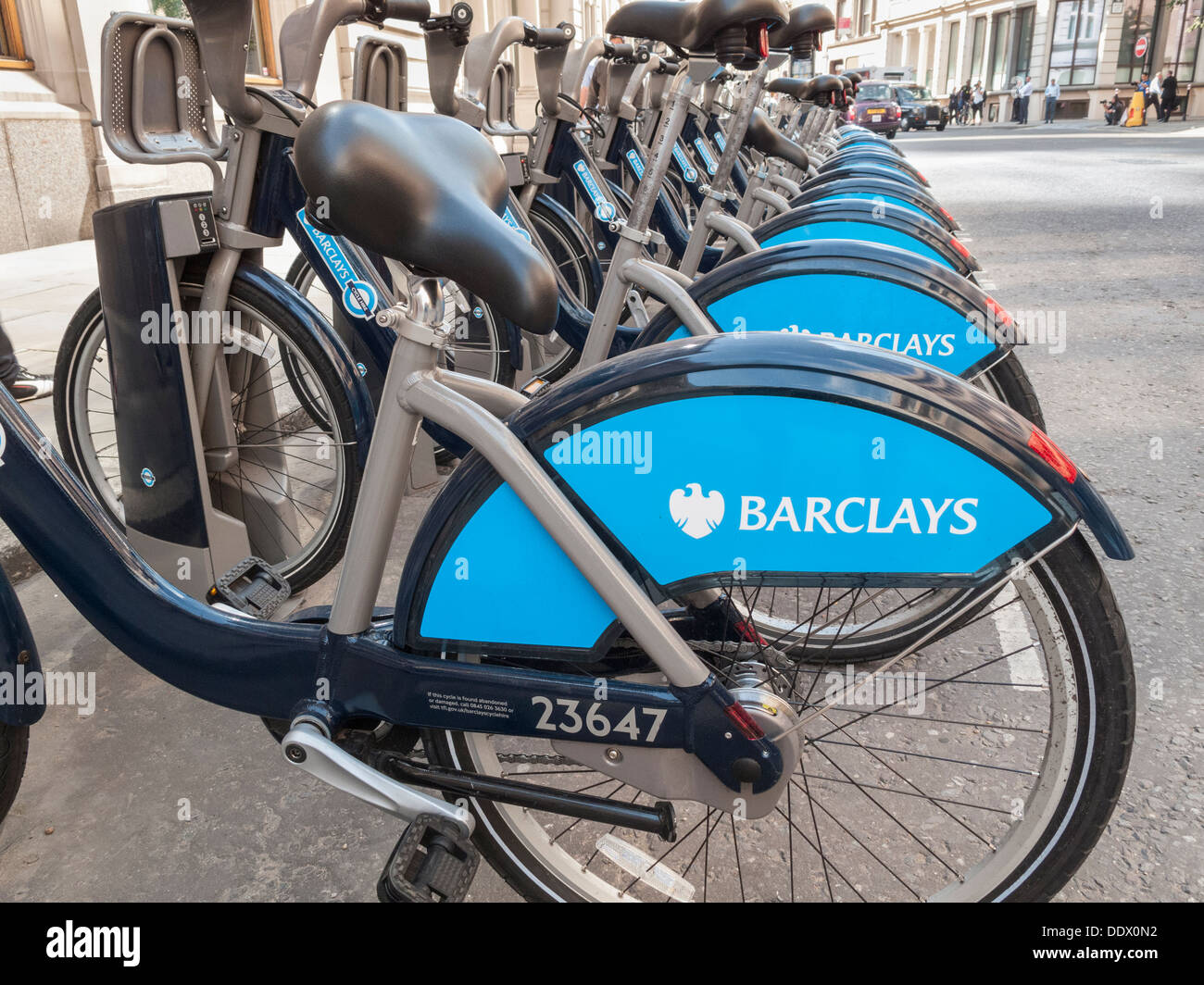 Bicycles in the Barclays Cycle Hire scheme, or Boris Bikes, with blue ...