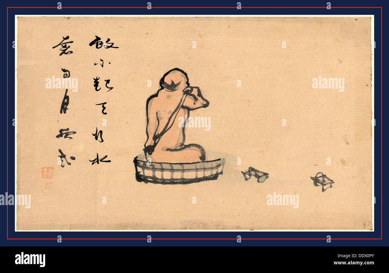 [An elderly man, seen from behind bathing in a wooden tub], [between ...