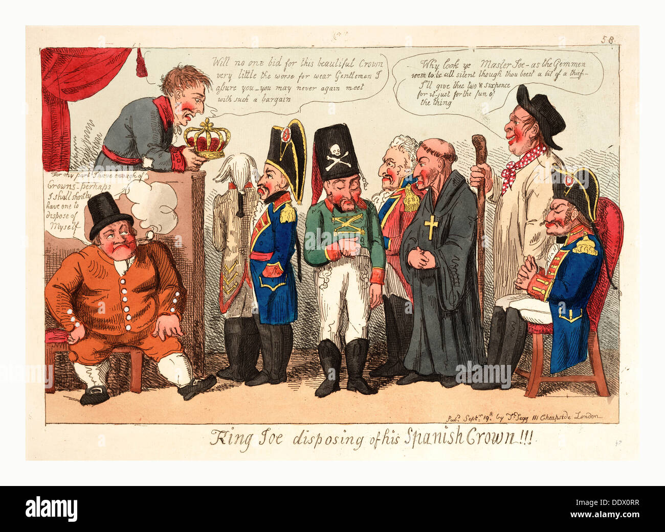 King Joe disposing of his Spanish crown, England, 1808, shows King ...