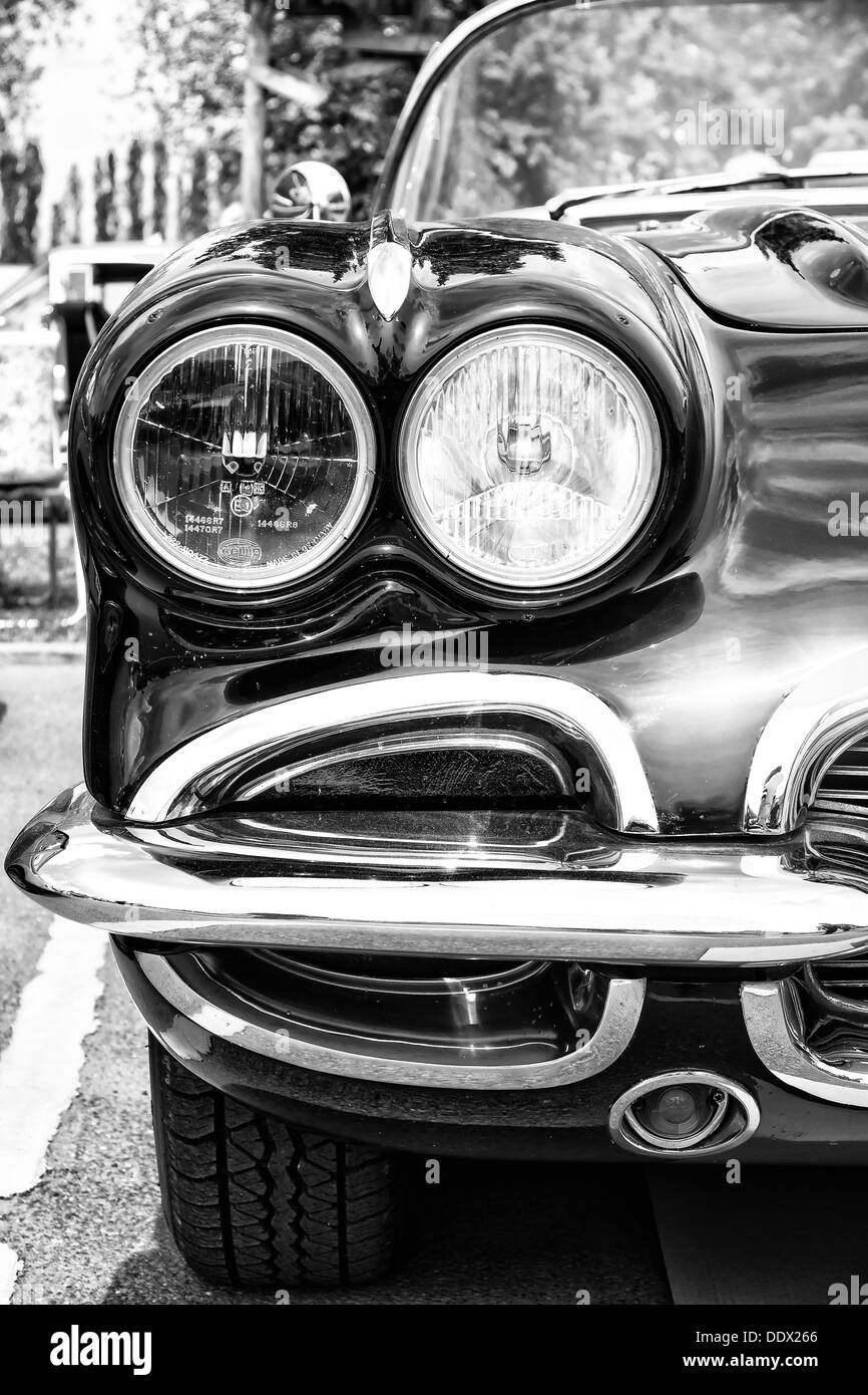 Detail of the front of the sports car Chevrolet Corvette (C1), black ...
