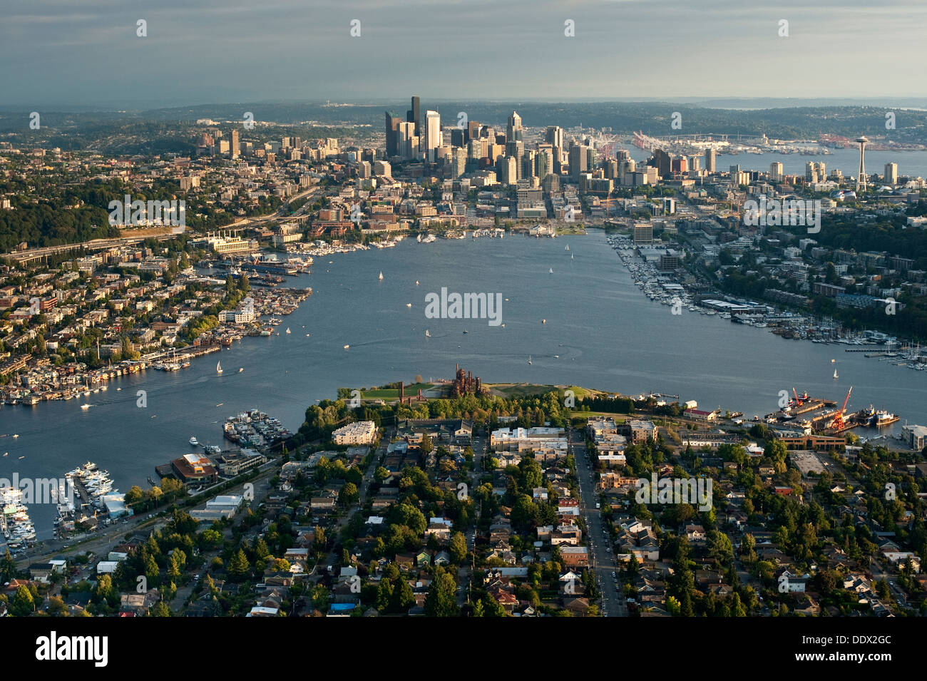 Retro image, View from above, Seattle downtown view with landscapes ...