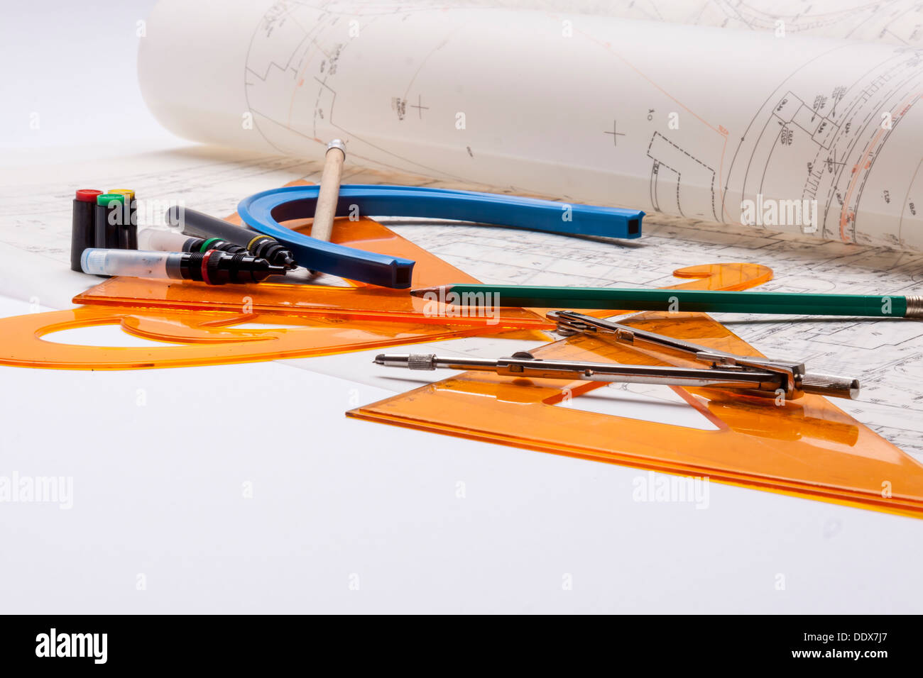 Design, project and measuring devices on white background Stock Photo ...