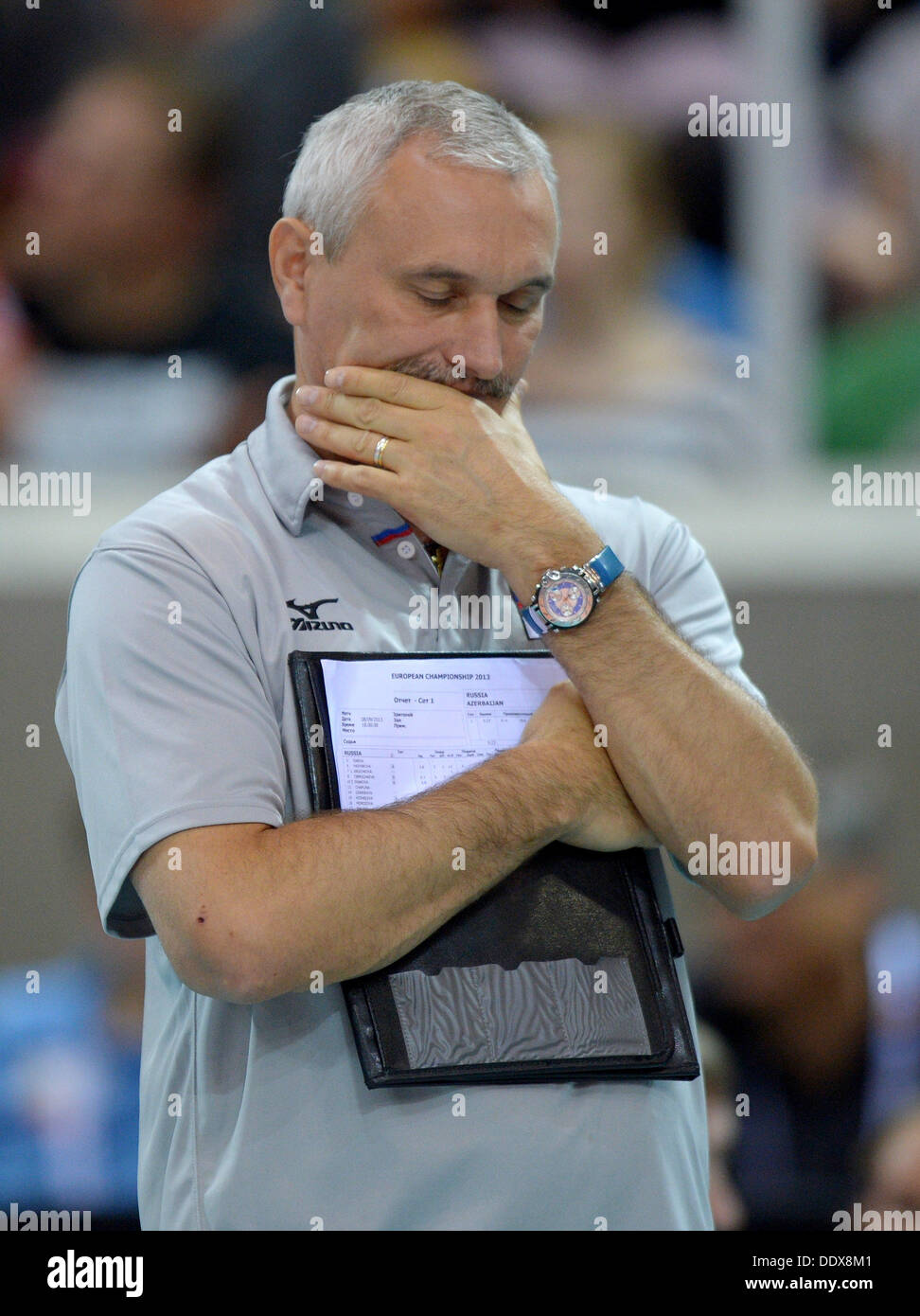 Coach Yuriy Marichev of Russia reacts during the women's CEV Volleyball ...