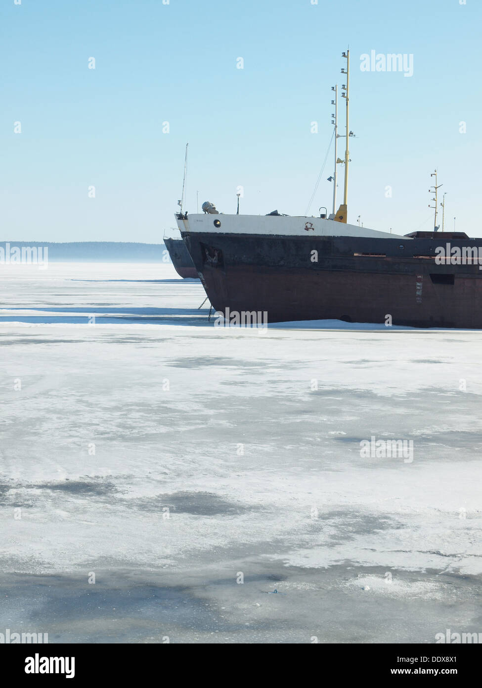 The ships on the frozen lake in the winter in Petrozavodsk, Russia ...