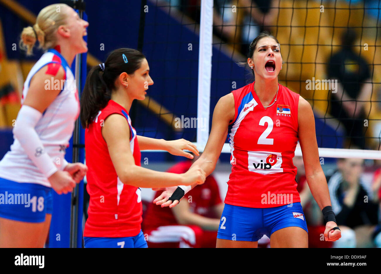 Jovana Brakocevic (R) of Serbia cheers with her teammates after the ...