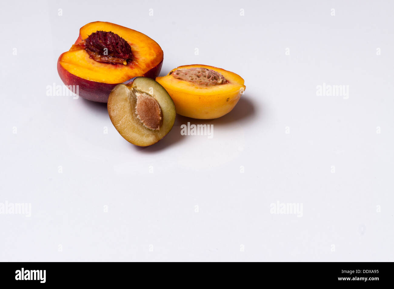 Nectarine, peach and plum on white background Stock Photo - Alamy