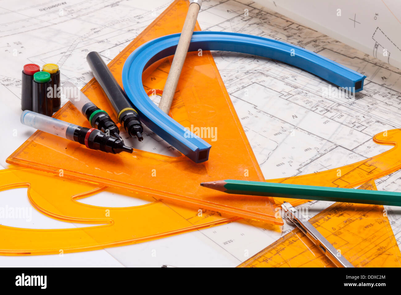 Design, project and measuring devices on white background Stock Photo ...
