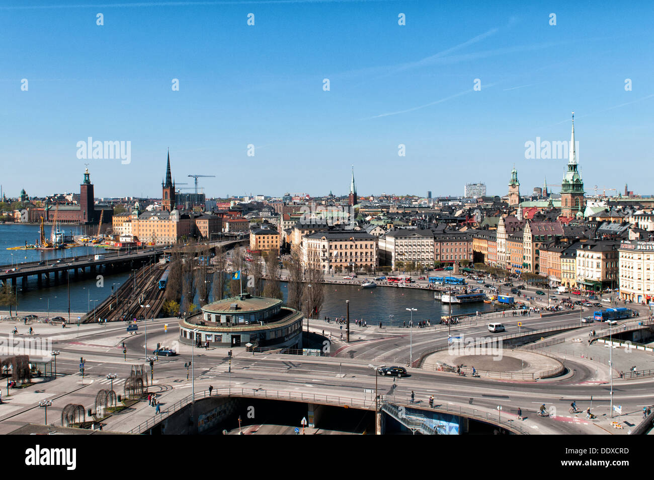 Aerial view of Slussen, the Old Town, Riddarholmen and the City Hall in ...