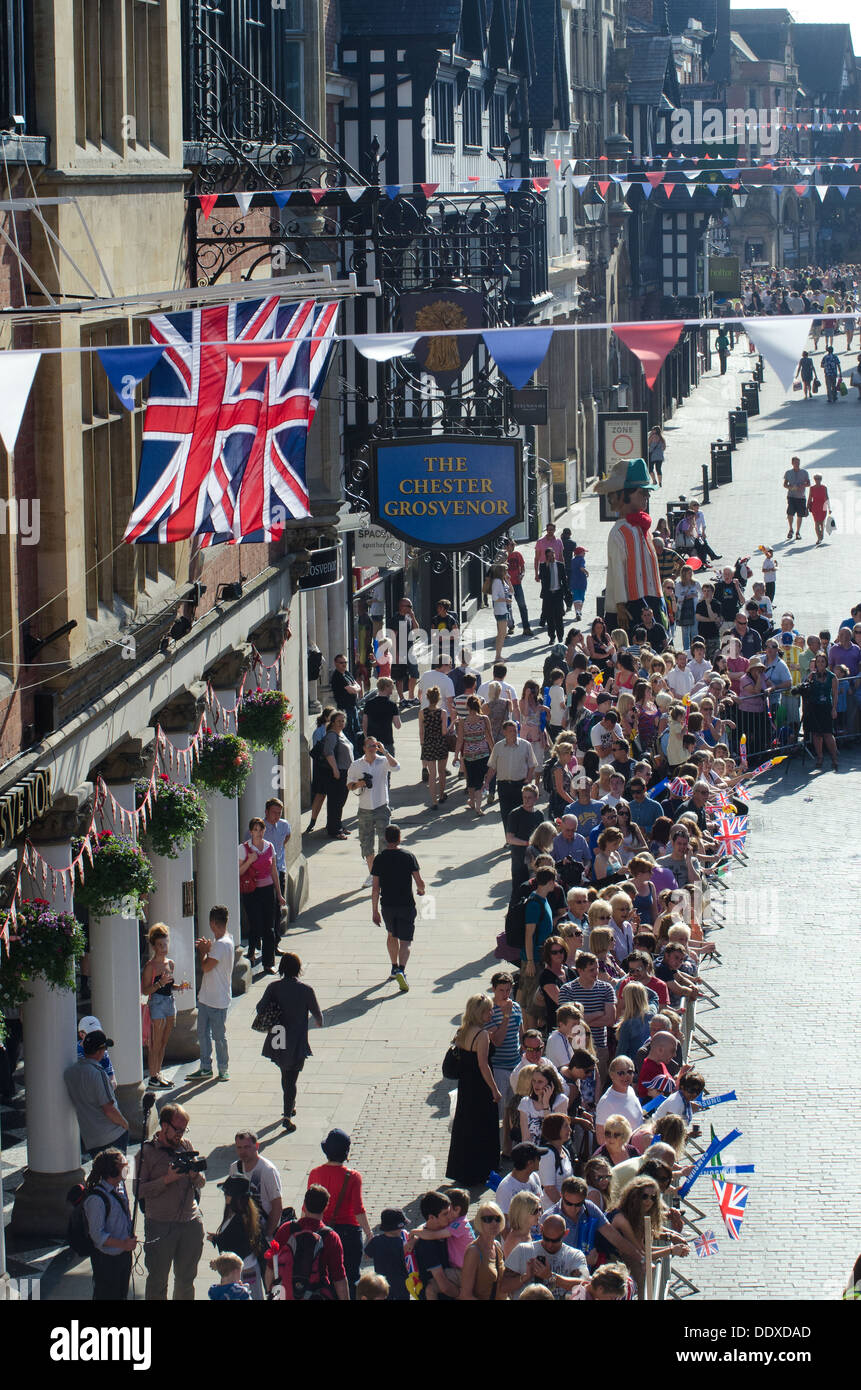 Crowds of people lining the streets in Chester City Centre, waiting for ...