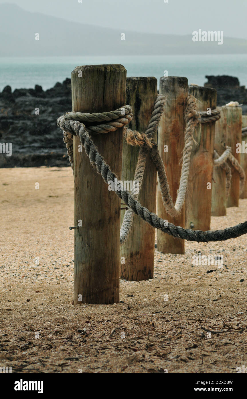 Thick wooden poles on sandy shore connected with thick natural material ...