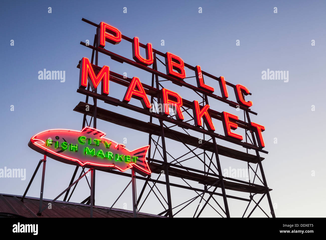 Pike Place Market Neon Signs at dusk, Seattle, Washington Stock Photo ...