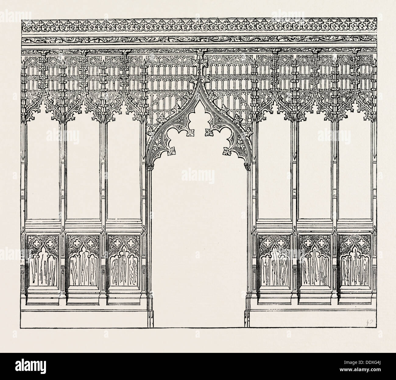 GOTHIC SCREEN. BY BINGHAM, IPSWICH. DESIGNED BY MR. T. CLARKE. 1851 ...