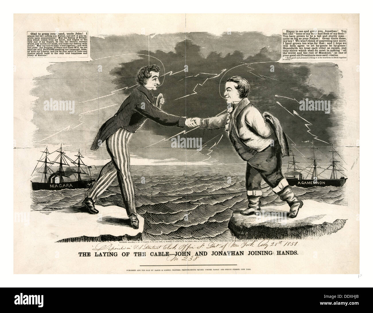 The laying of the cable: John and Jonathan joining hands, 1858. A crude ...