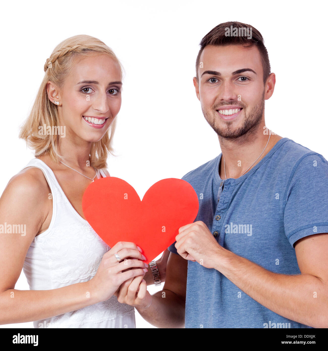 happy young couple in love with red heart valentines day isolated ...