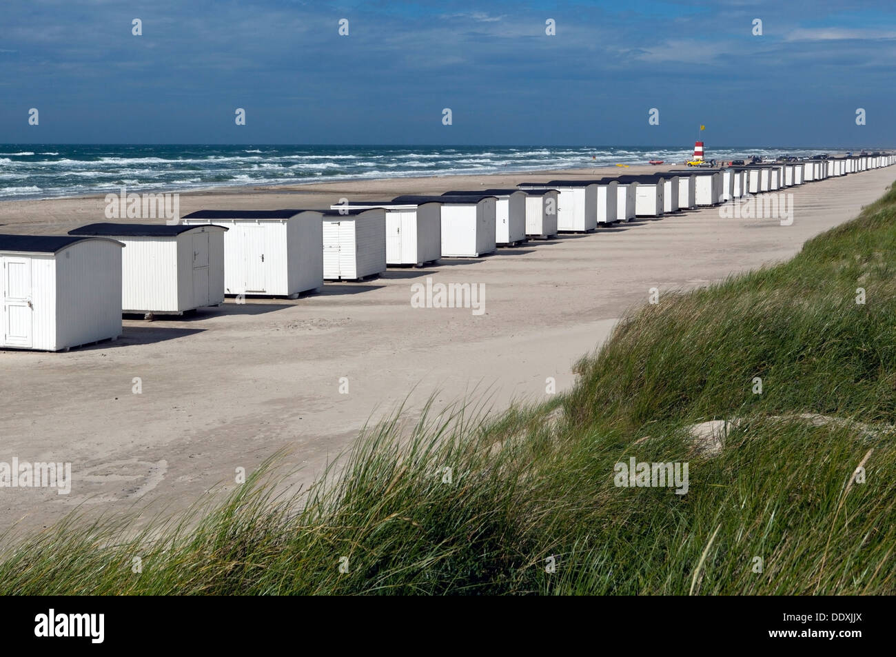 Bathhouses at the Danish west coast near Loekken. Denmark Stock Photo ...