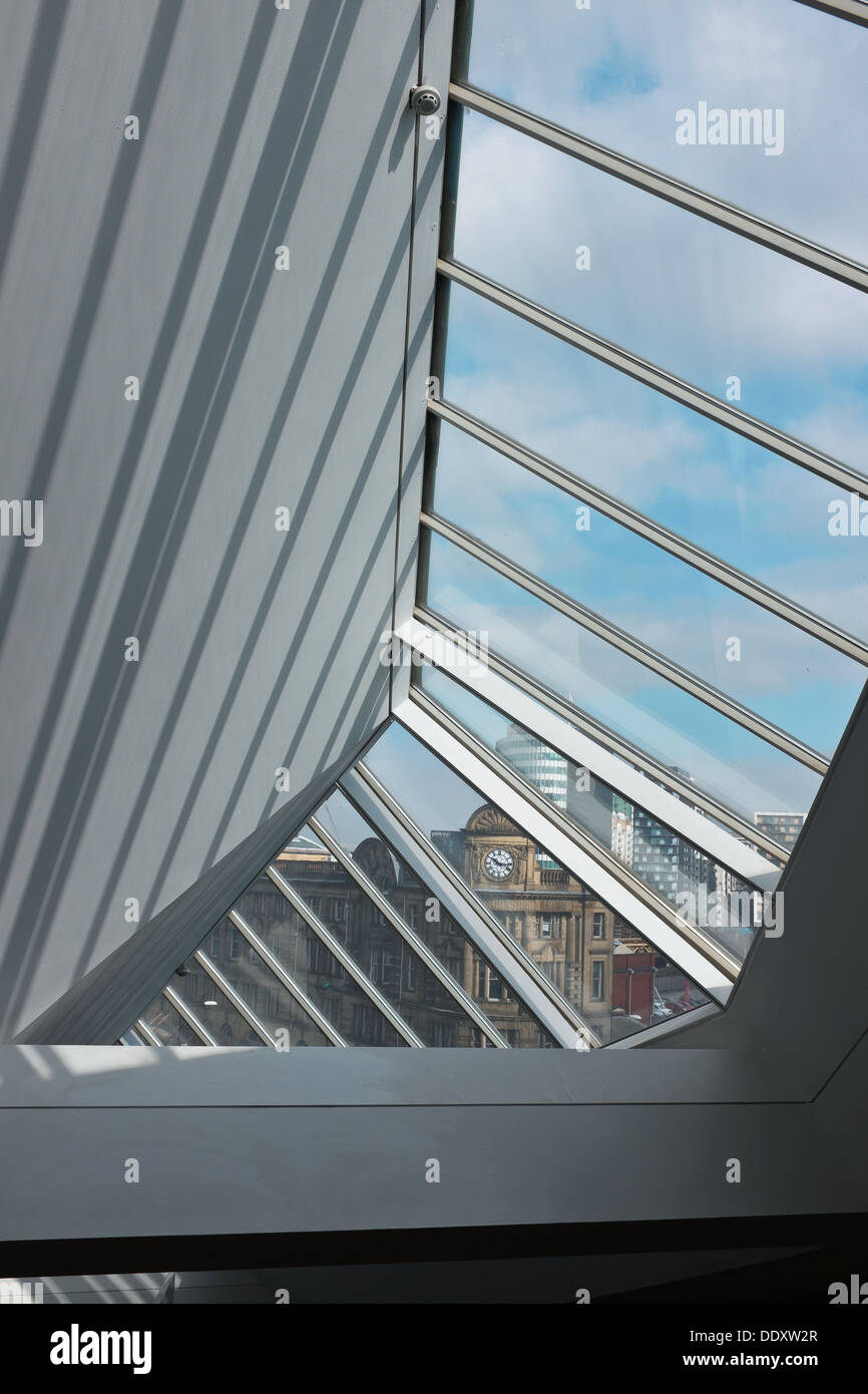 View of Manchester through glass roof of National Football Museum at ...