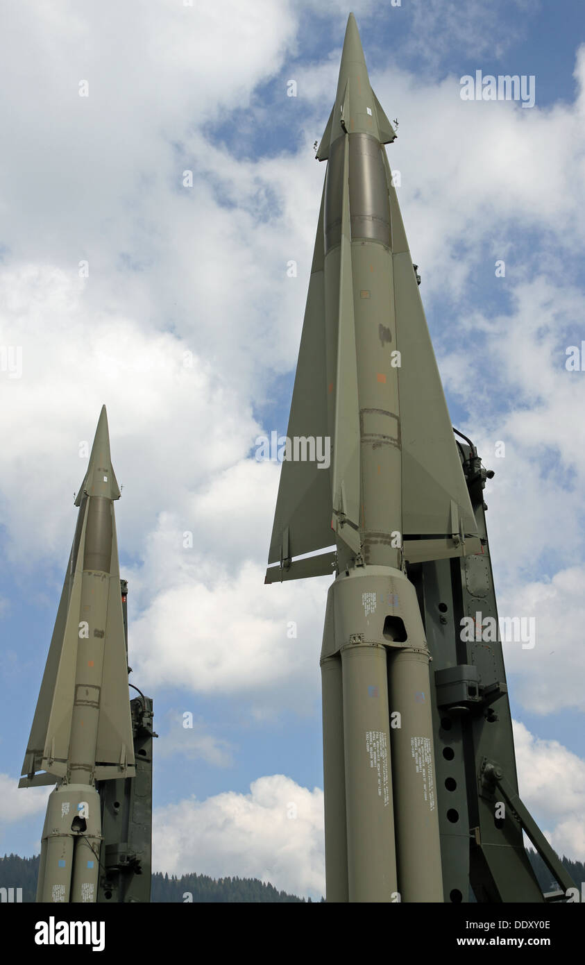two missiles with a nuclear warhead ready to launch from a military ...