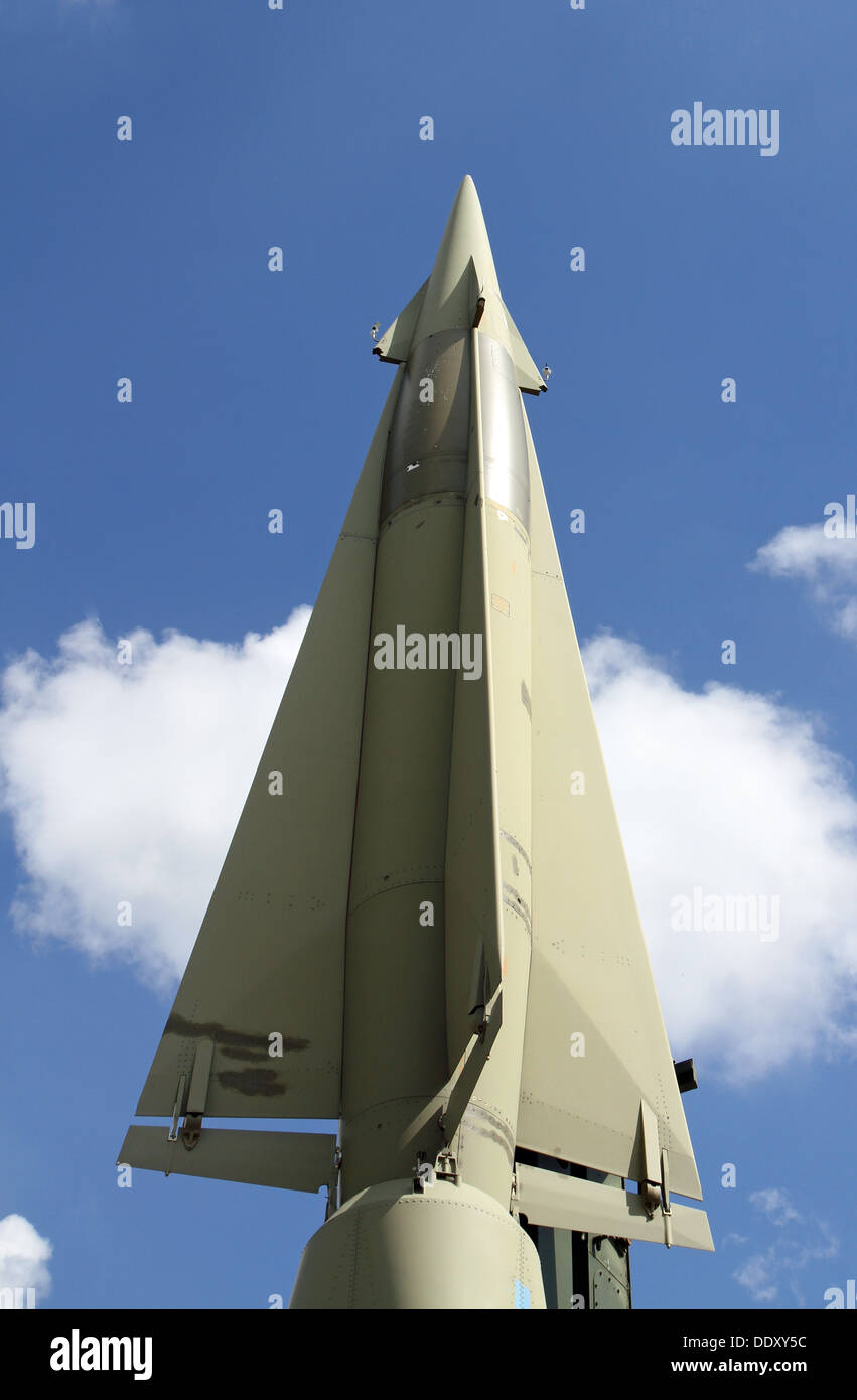 rocket with military explosive warhead for the war and blue sky and ...