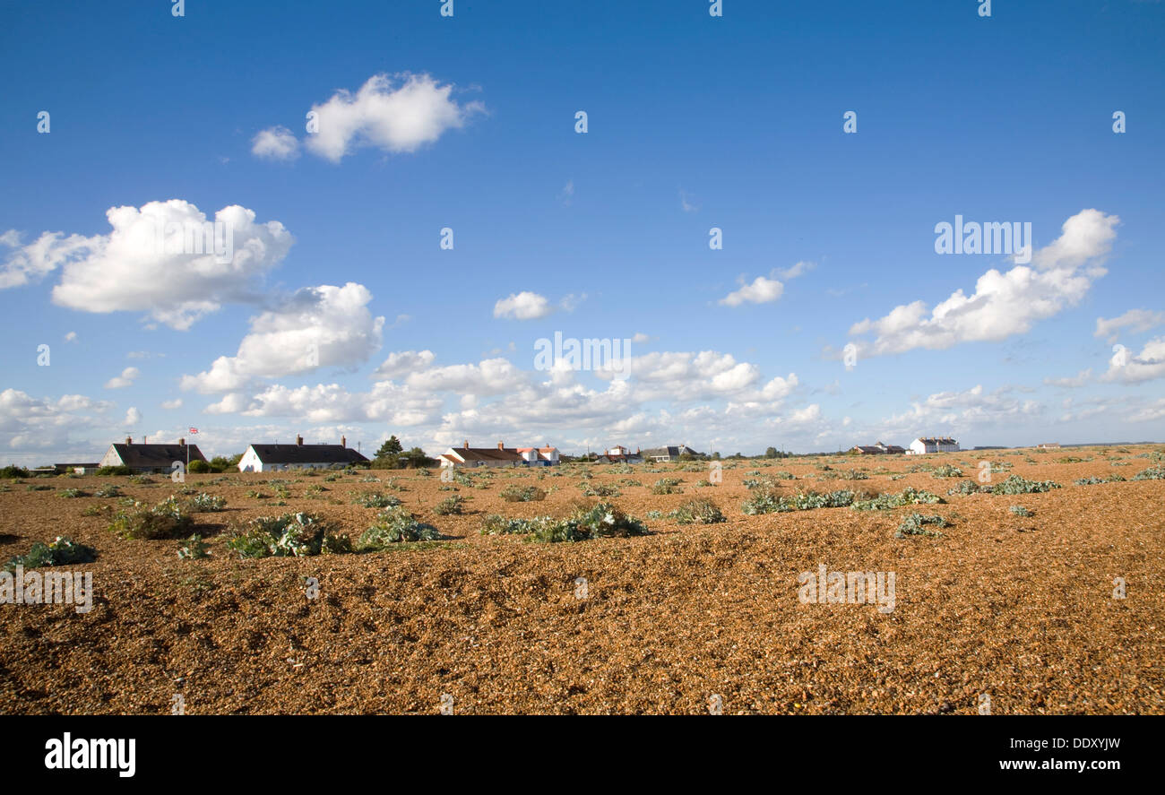 Beach with distant buildings Shingle Street, Suffolk, England Stock ...