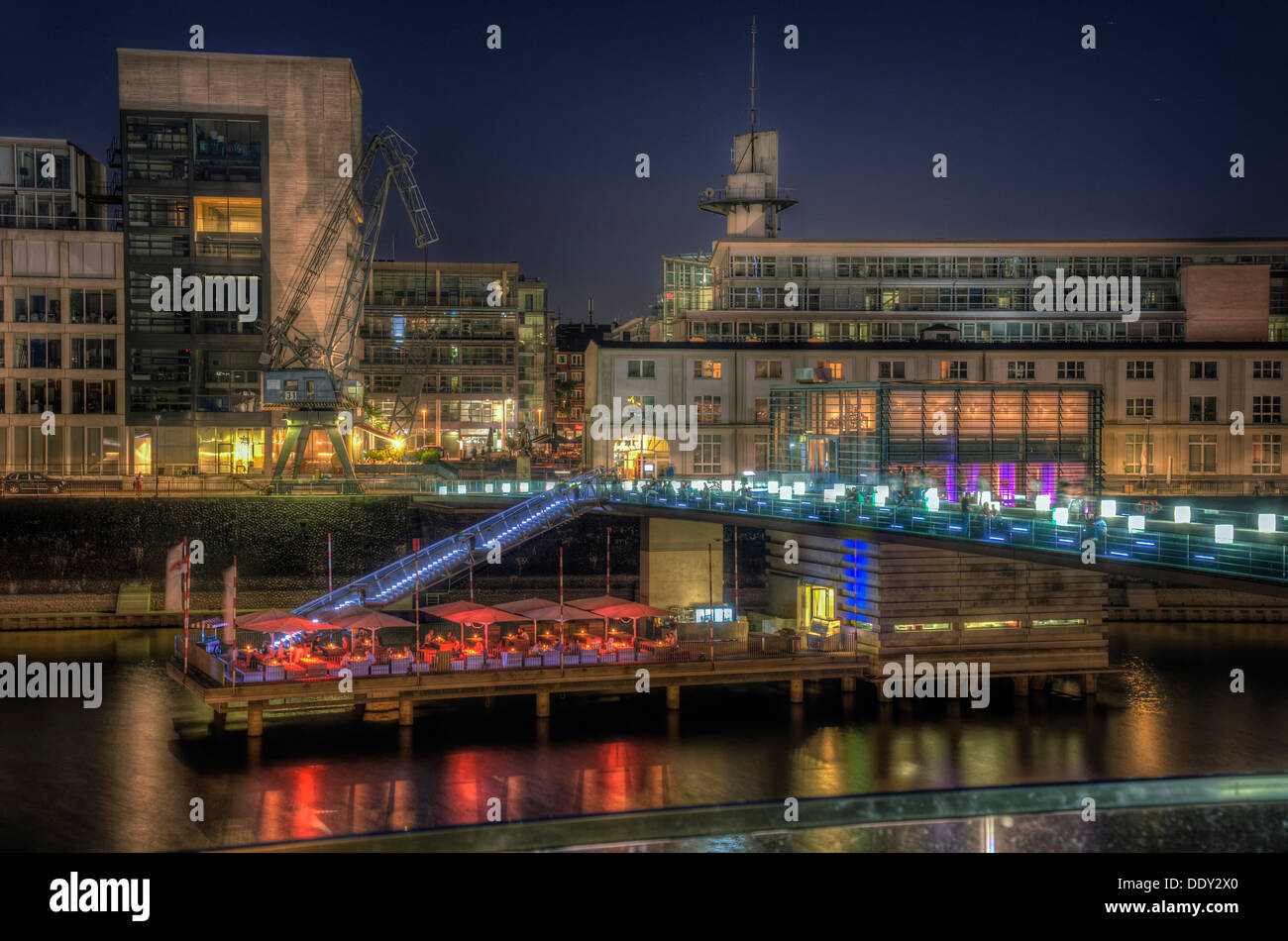 Lido restaurant on the harbour bridge in the Media Harbour Stock Photo ...