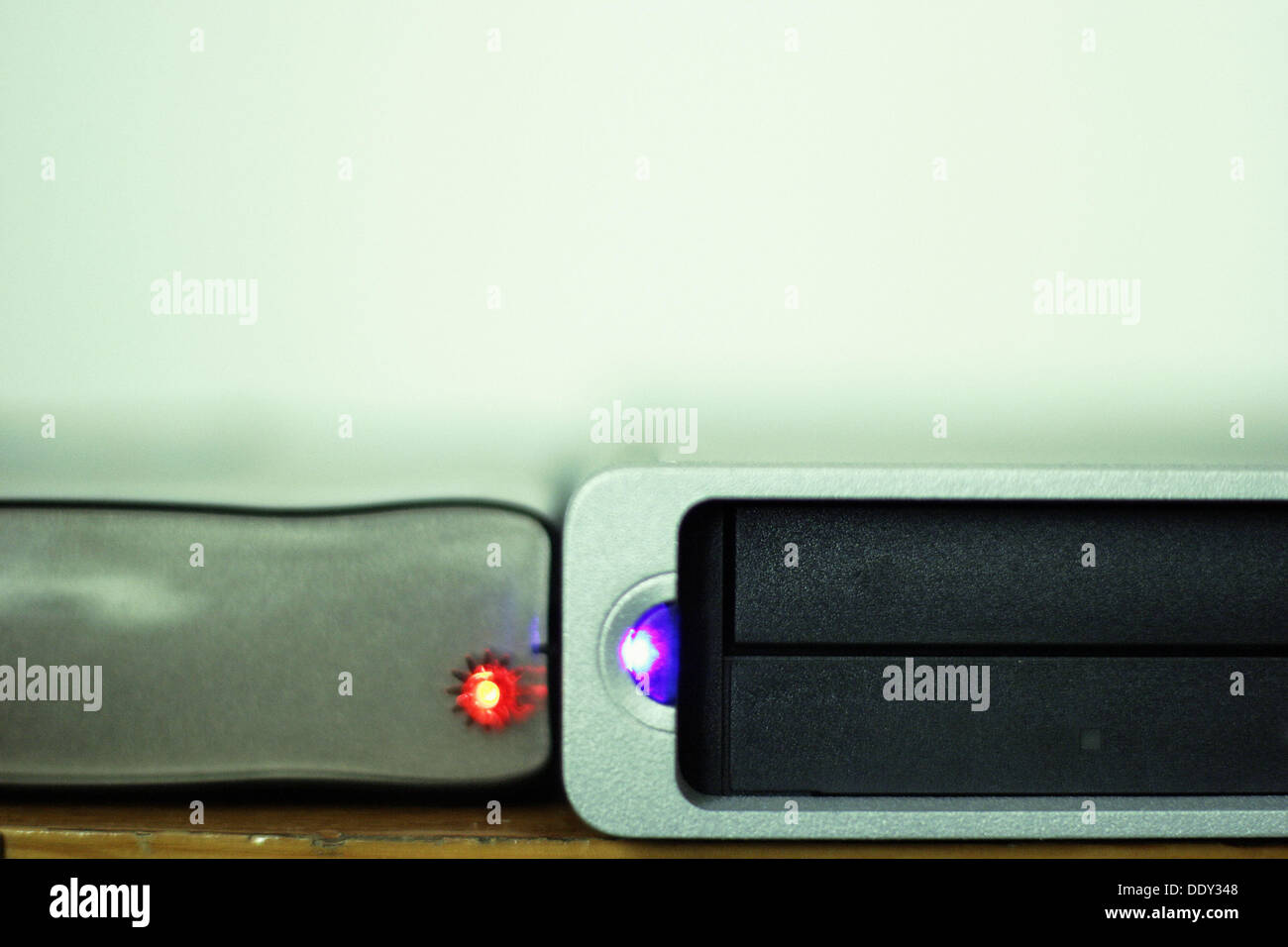 Frontal view of electrical equipment. External hard disk and dvd ...