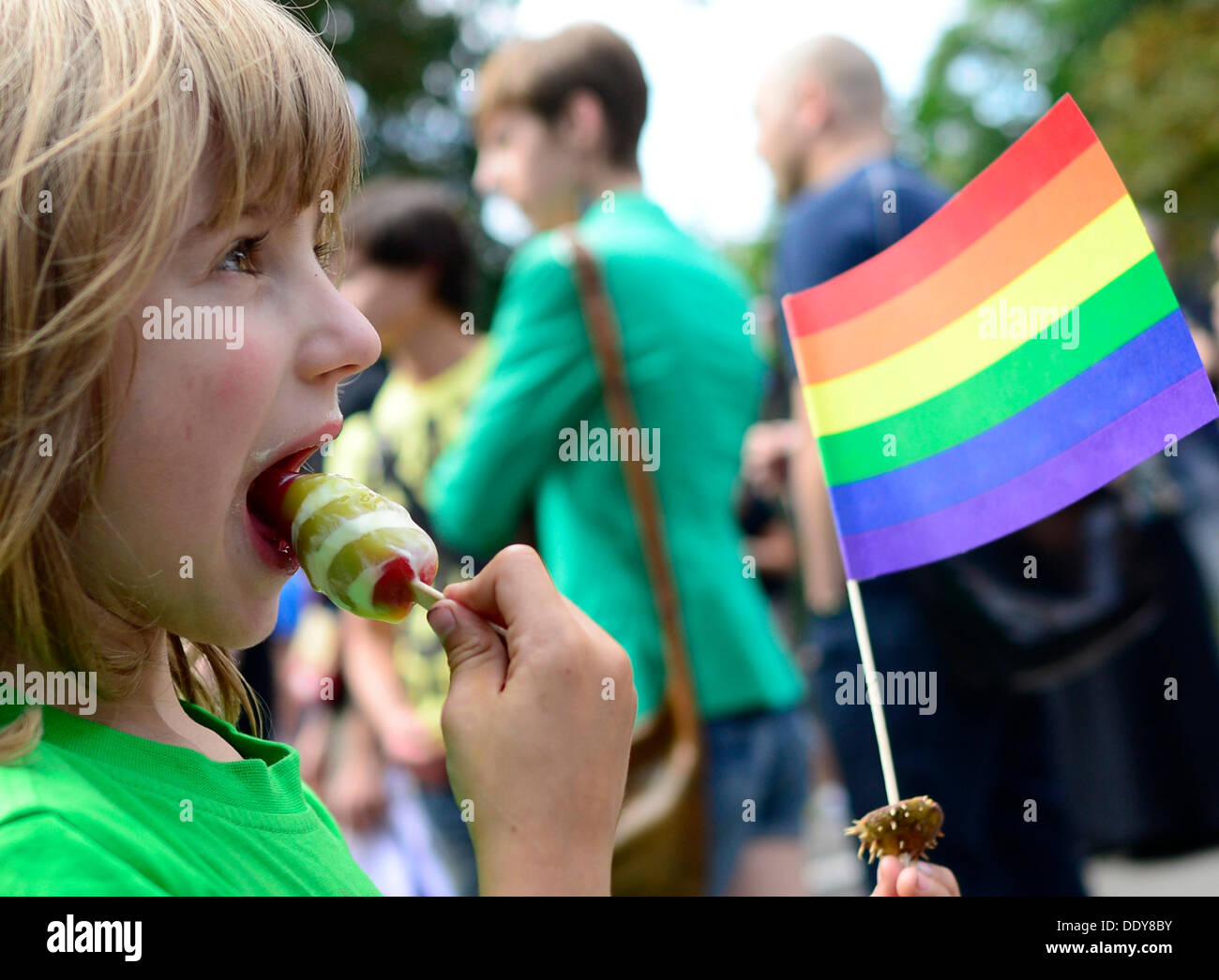 Prague, Sunday. 8th Sep, 2013. Demonstrators kiss near the Russian ...