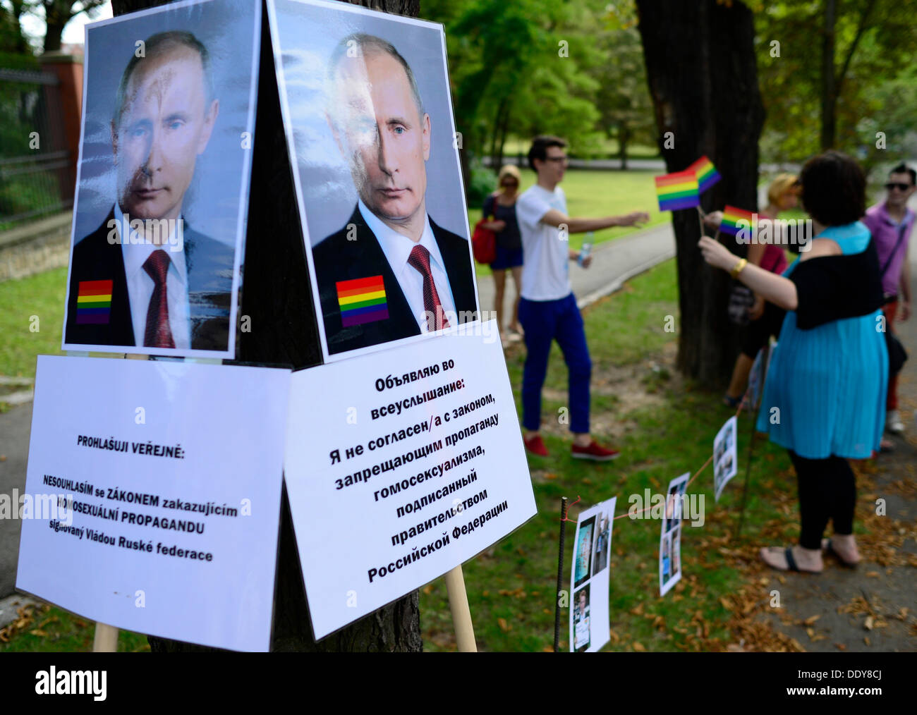 Prague, Sunday. 8th Sep, 2013. Demonstrators kiss near the Russian ...