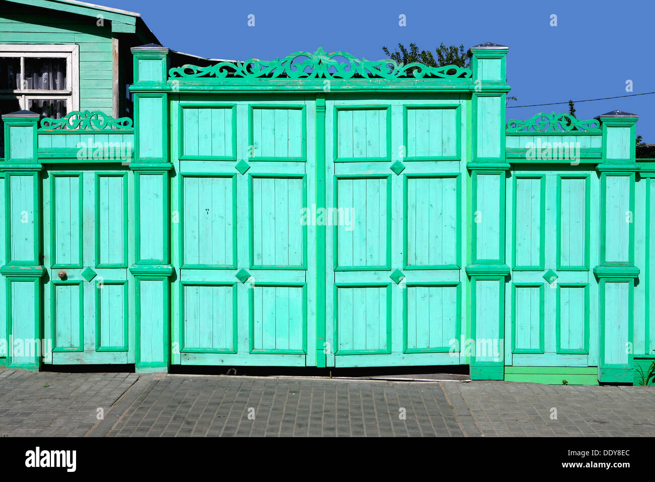 Traditional Russian wooden entrance gate at the Kremlin in Kolomna ...