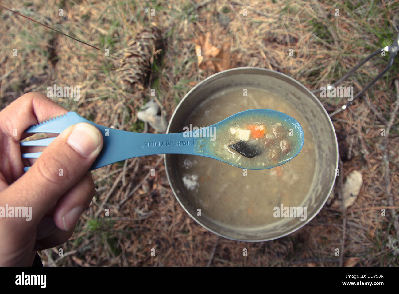 The instant food while camping in the forest Stock Photo - Alamy