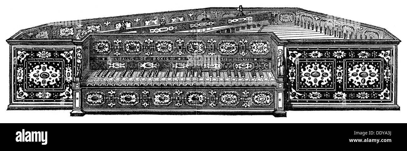 music, instruments, spinet, wood engraving, 19th century, musical ...