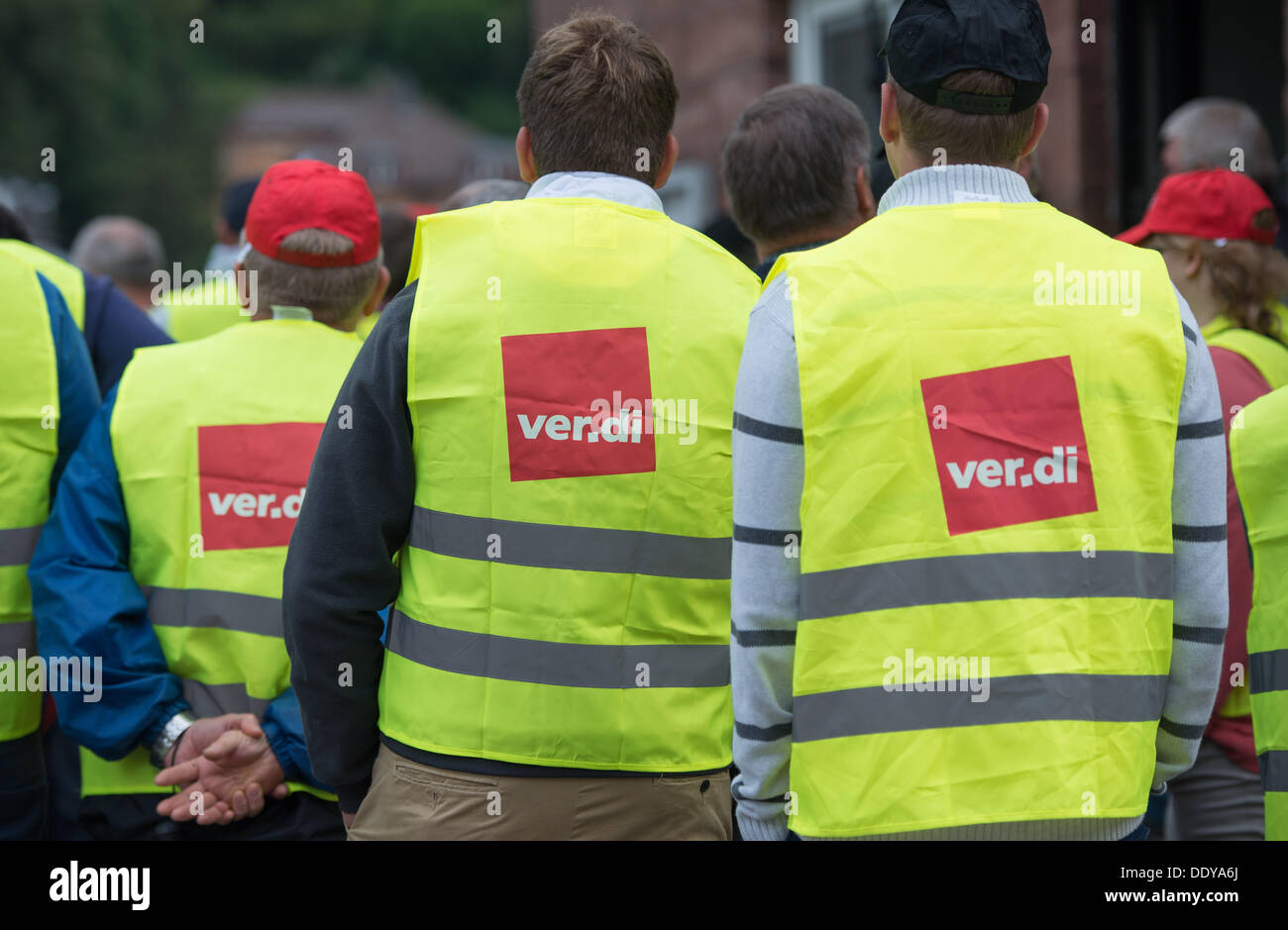 Heidelberg, Germany. 09th Sep, 2013. Members of union Verdi stand on a ...
