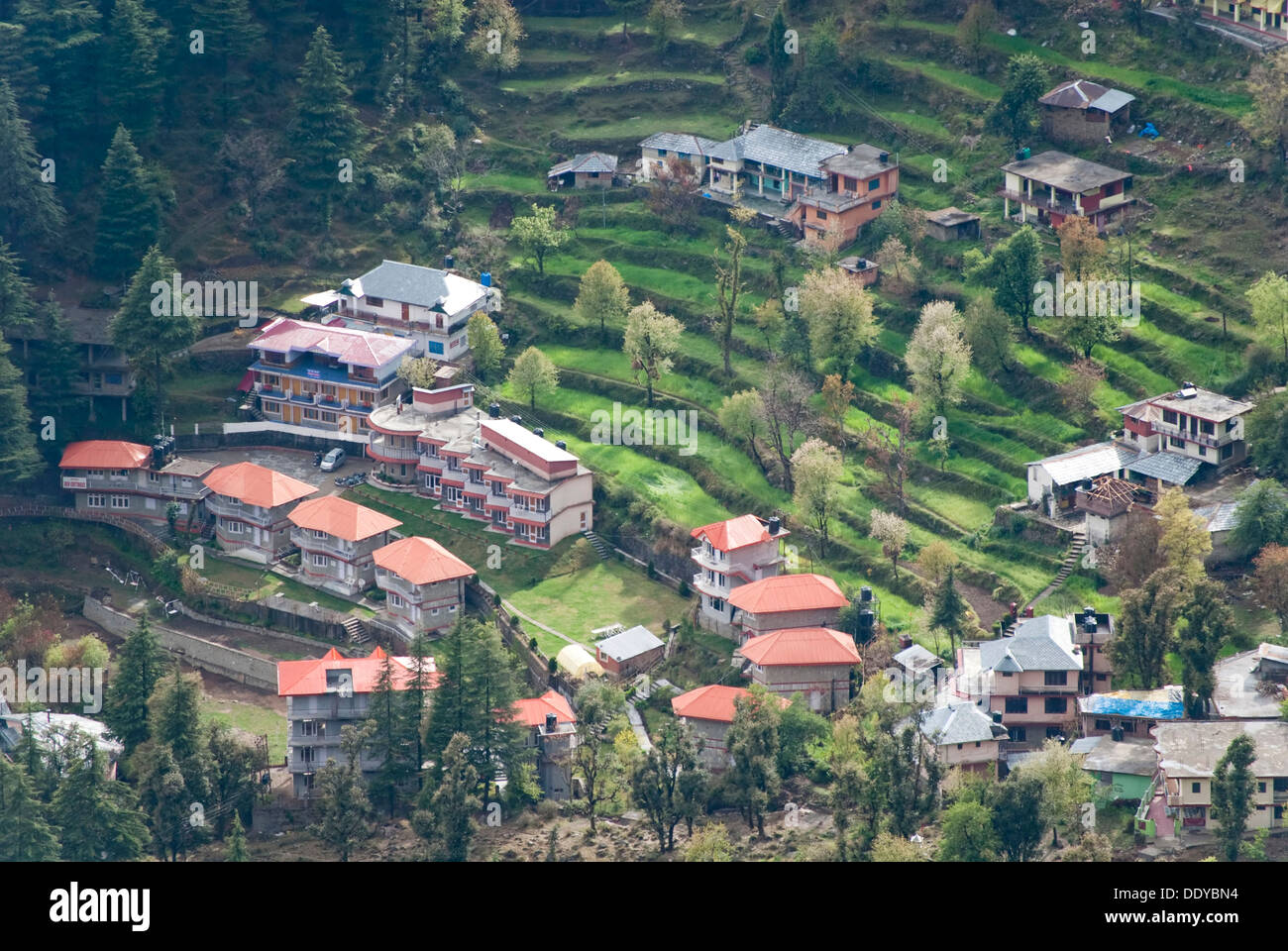 Houses built on terraced fields, Triund, Dharamsala, India, Asia Stock ...