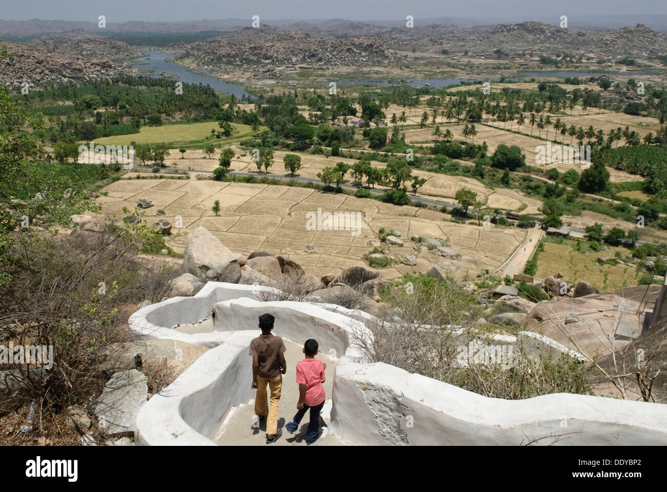Stairway to the Hanuman temple with children and view on the landscape ...
