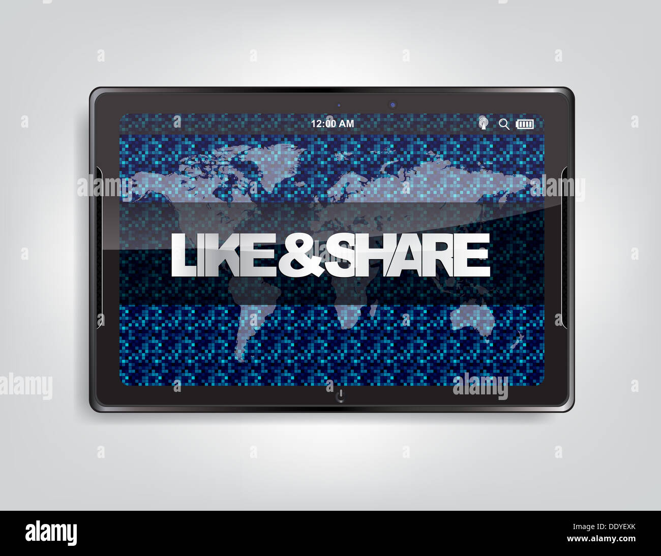 Tablet computer with the message "Like & Share" on a white background ...