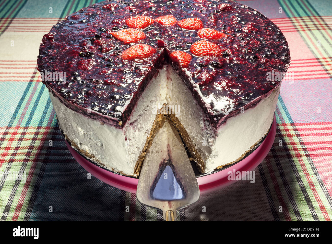 Cheese cake details, fruits on the top, strawberries, raspberries ...