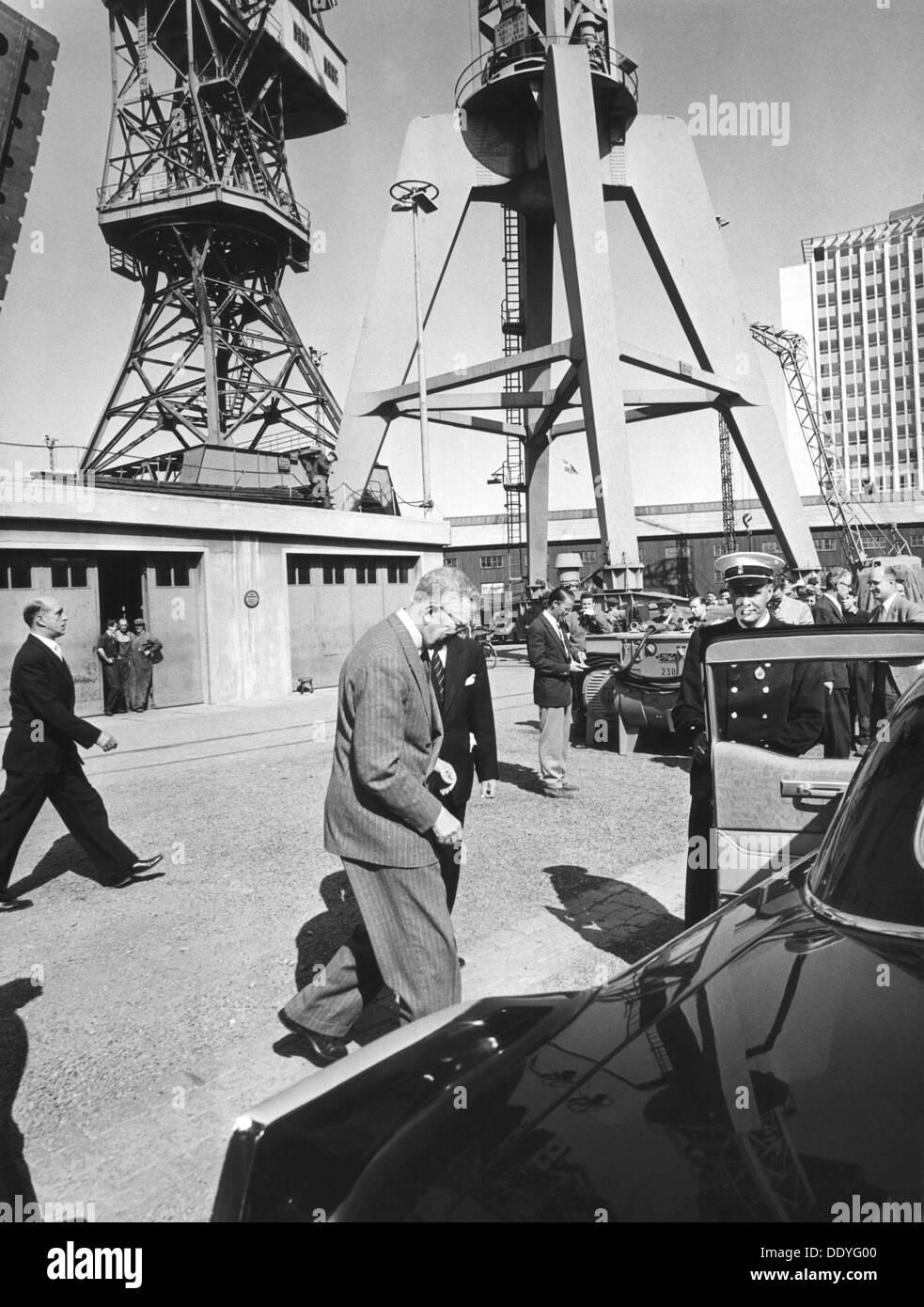King Gustav VI Adolf visits Kockums shipyard, Malmö, Sweden, 1957 ...