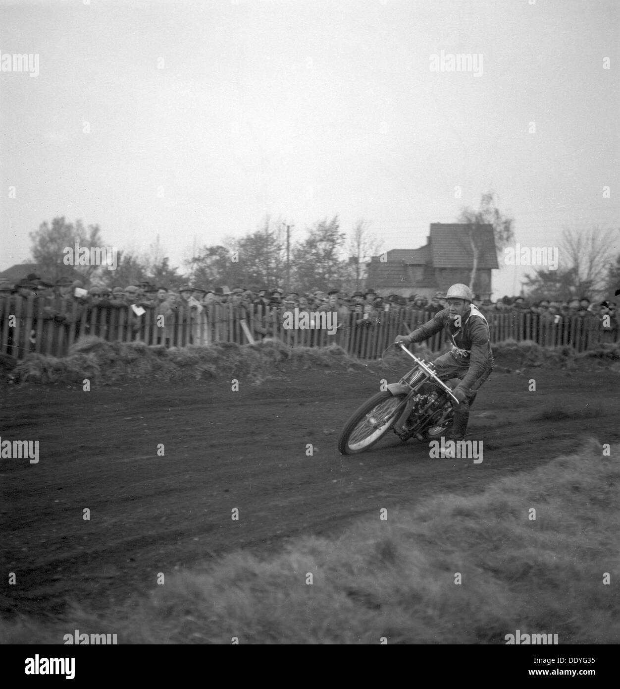 Dirt track motorcycle racing, Arlöv, Scania, Sweden, 1947. Artist: Otto ...