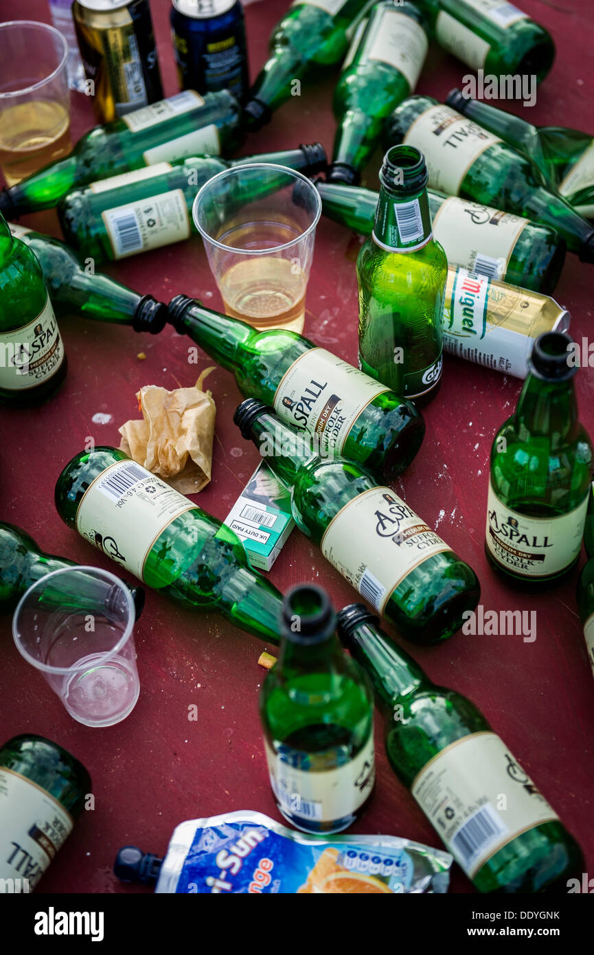 Empty cider bottles and plastic cups at the Brownstock Festival Stock ...