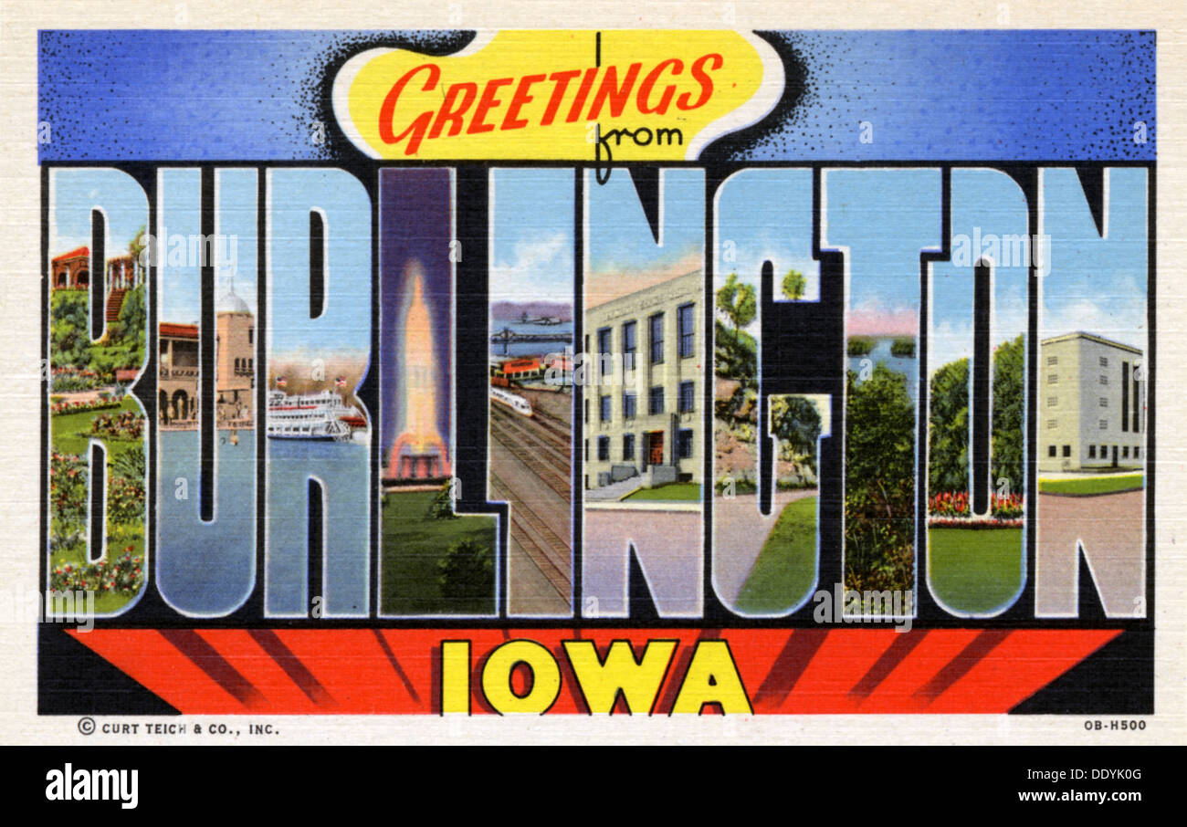 'Greetings from Burlington, Iowa', postcard, 1940. Artist: Unknown ...