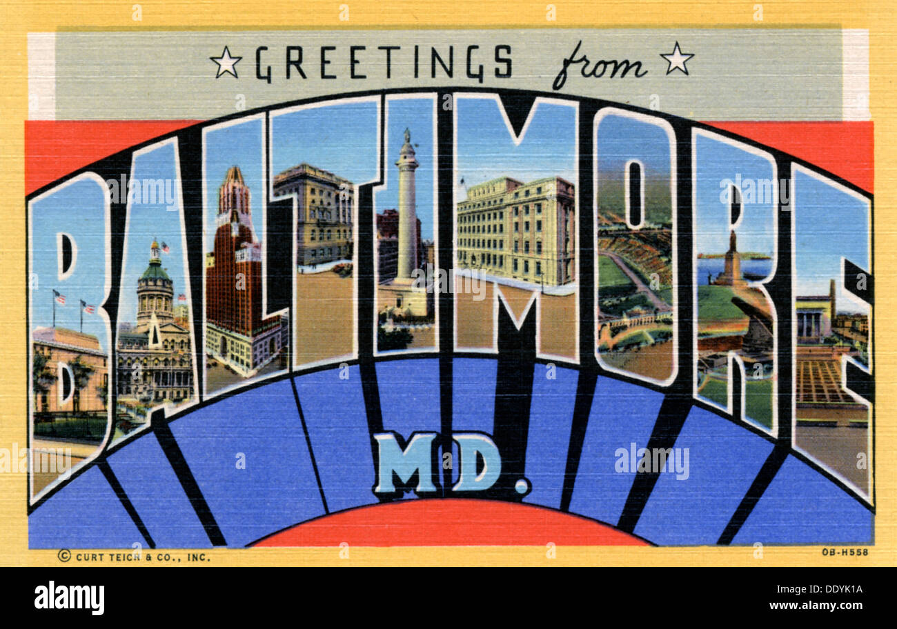 'Greetings from Baltimore, Maryland', postcard, 1940. Artist: Unknown ...