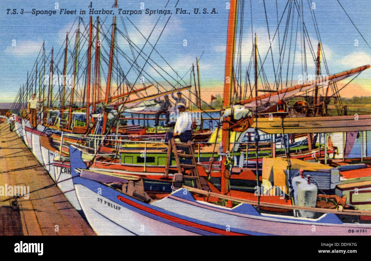 Sponge fleet in the harbour, Tarpon Springs, Florida, USA, 1940. Artist ...