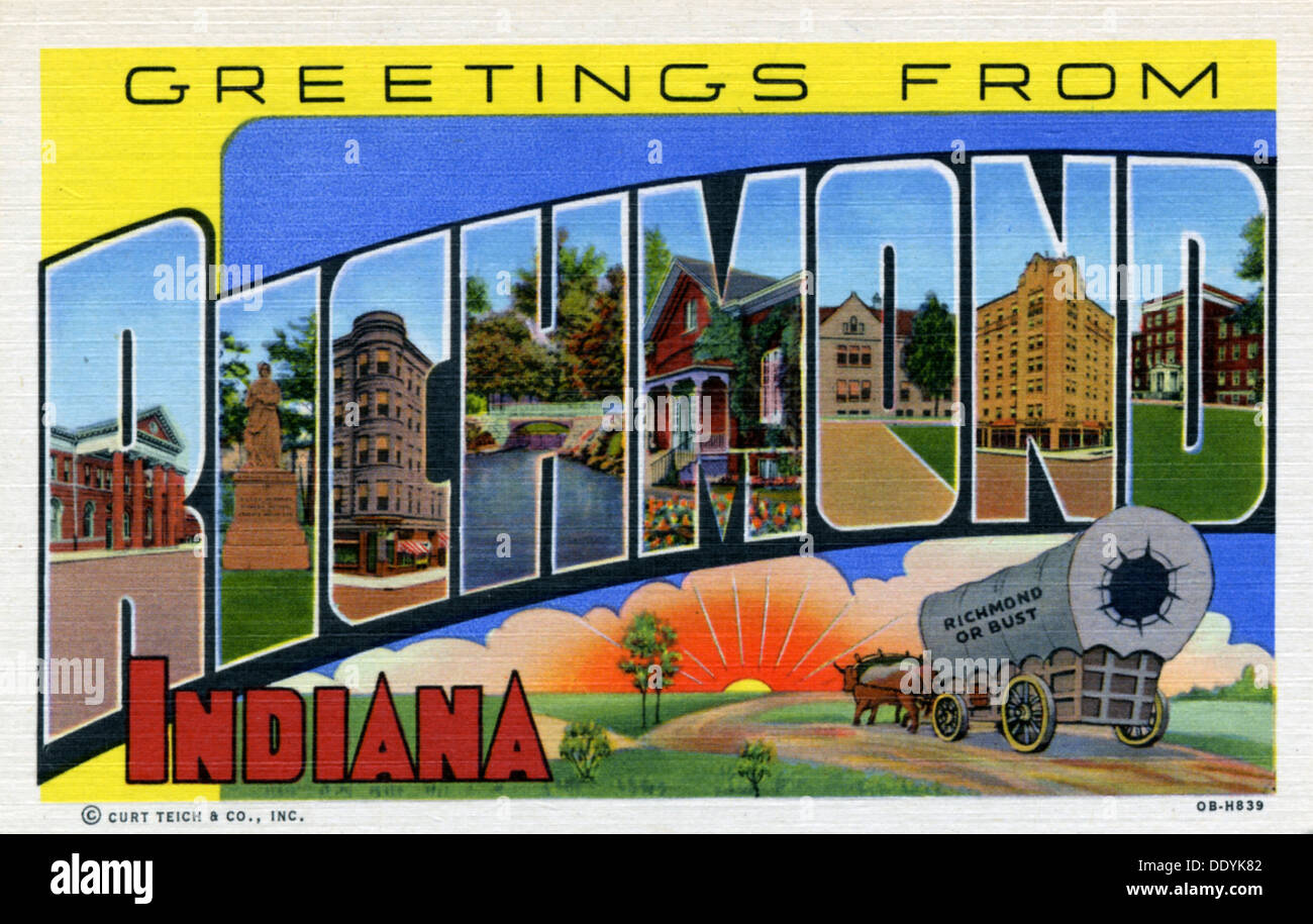'Greetings from Richmond, Indiana', postcard, 1940. Artist: Unknown ...