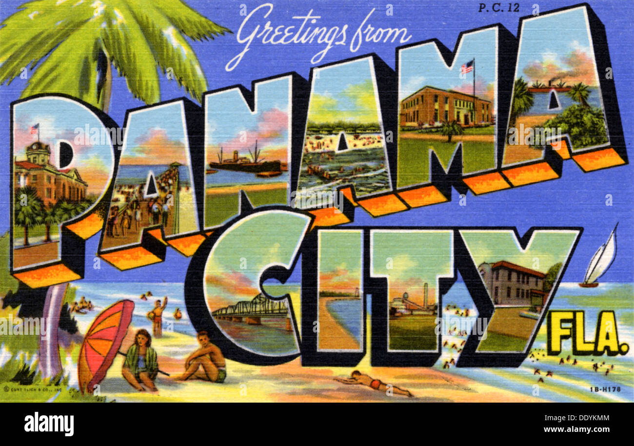 vintage postcard Florida Greetings from Panama City 1940s linen large ...