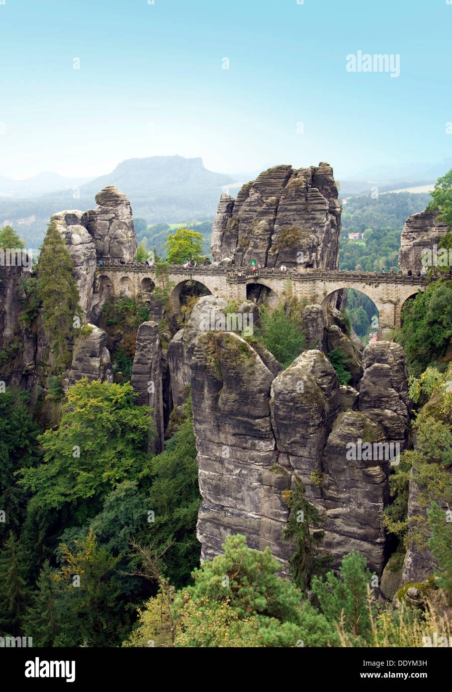 Basteibruecke bridge, Bastei rock formation, behind Mt. Lilienstein ...