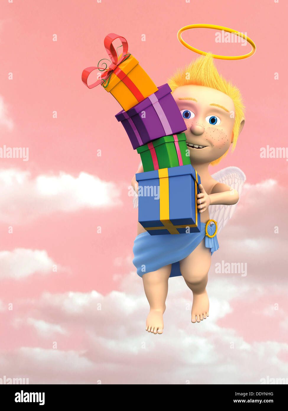 Angel holding a stack of gifts, flying Stock Photo - Alamy